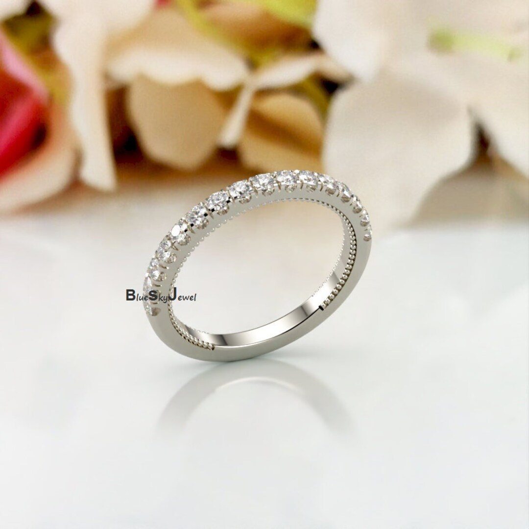 2mm Wide Man Made Diamond Simulant Half Eternity Ring in White Gold or ...