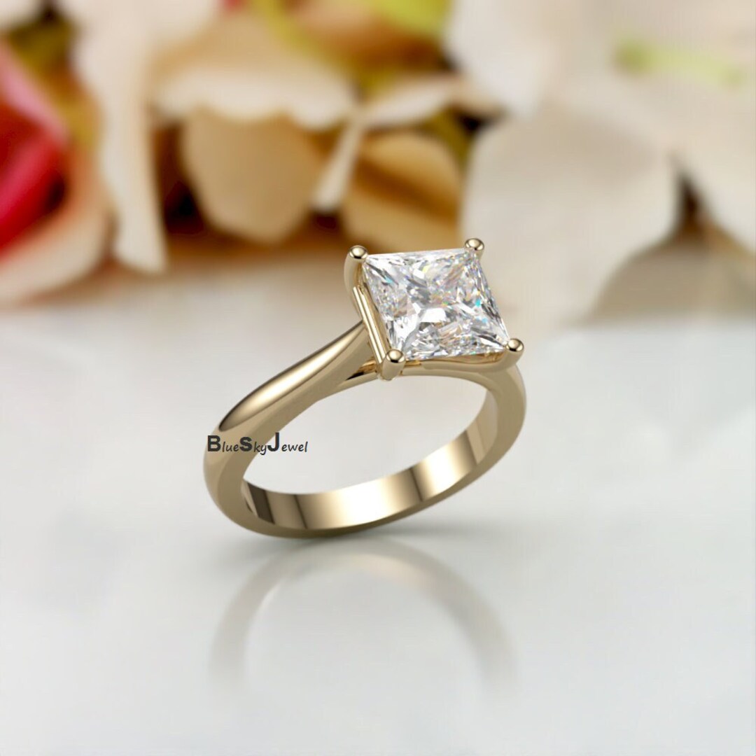 Princess Set Engagement Ring, Colorless Solitaire Wedding Ring, 14K ...