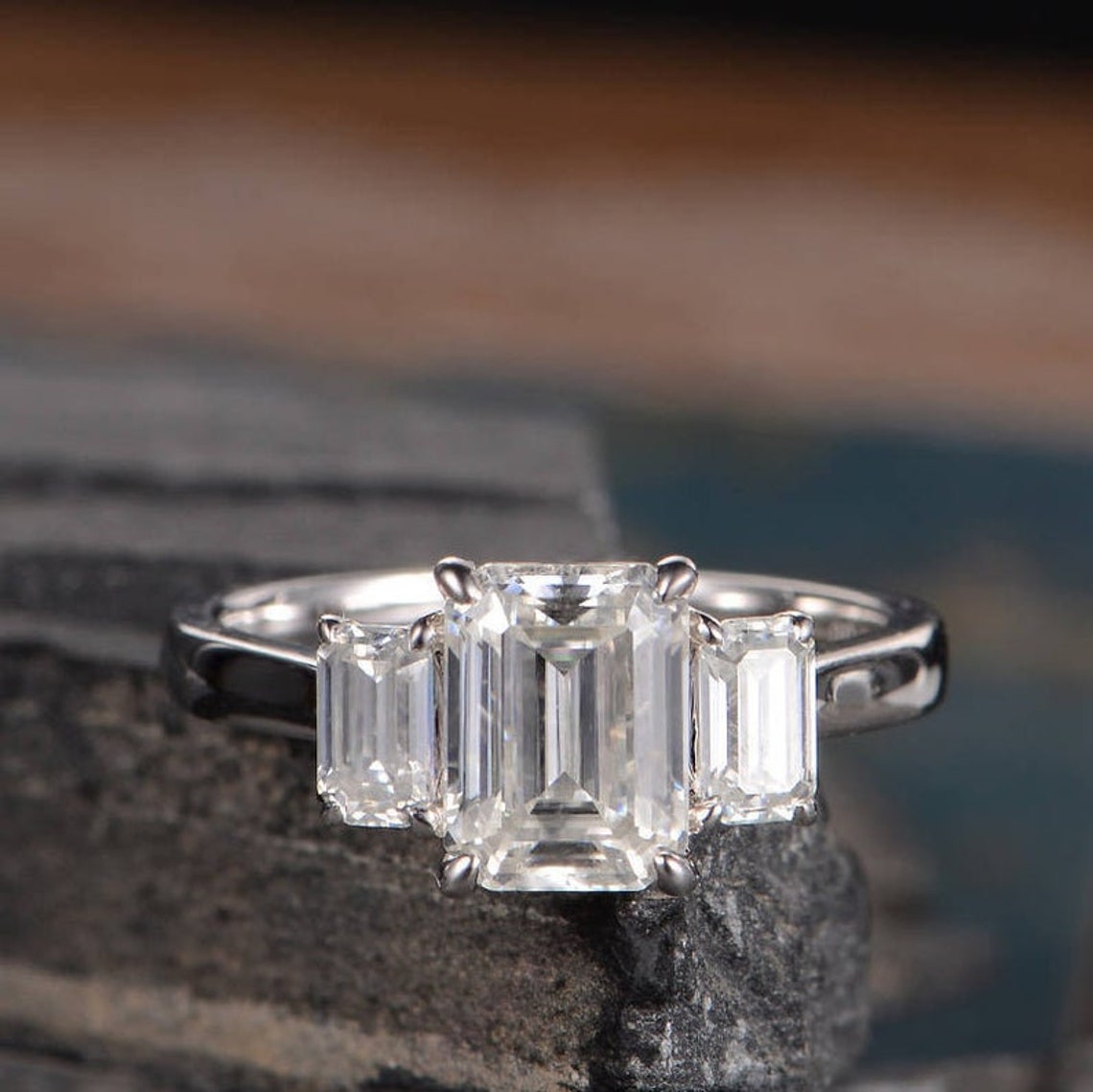 3 Stone Emerald Cut Engagement Ring Emerald Simulated | Etsy