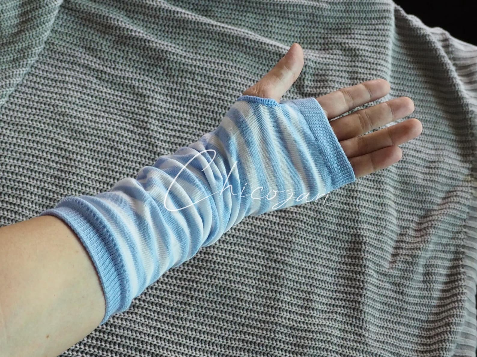 Striped Pastel Blue and White Arm Warmers Cotton Fingerless Gloves ...