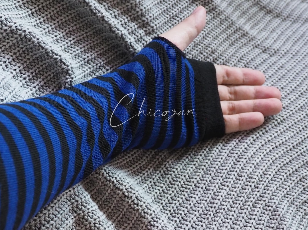 Striped Blue Black Arm Warmers Fingerless With Thumbhole Halloween Emo ...