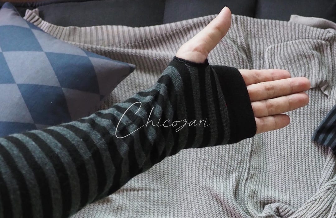 Striped Dark Gray Black Arm Warmers Fingerless With Thumbhole Halloween ...