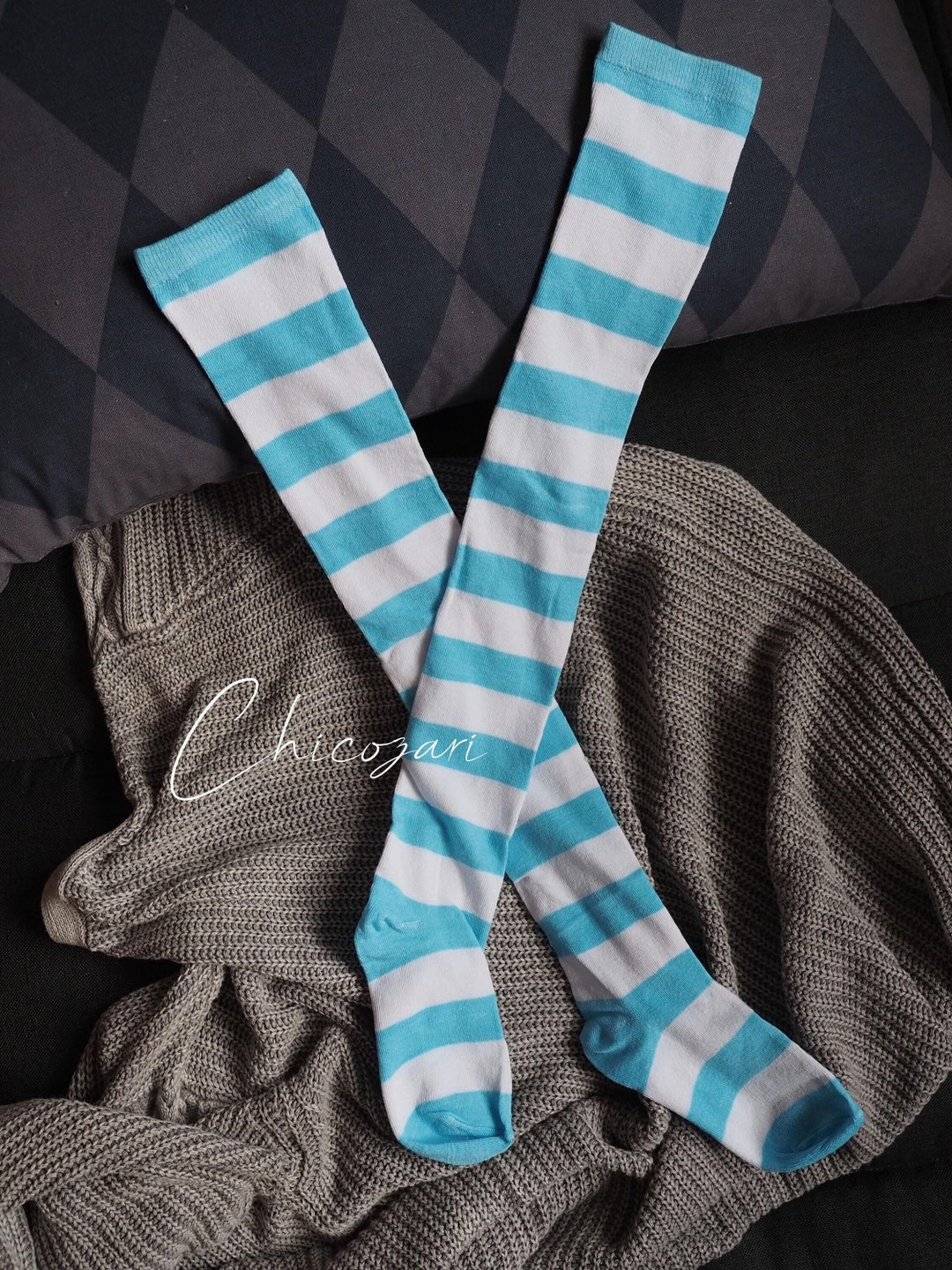 65 Cm Striped Cotton Over the Knee Socks Blue and White Halloween ...