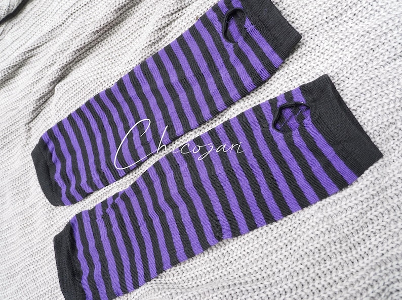 Striped Purple Black Arm Warmers Fingerless With Thumbhole Halloween ...