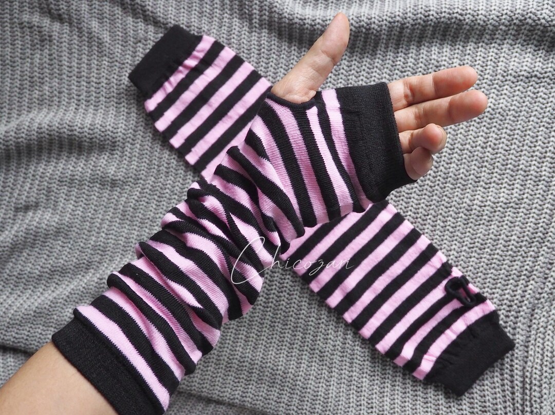 Striped Light Pink - Black Arm Warmers Fingerless With Thumbhole ...