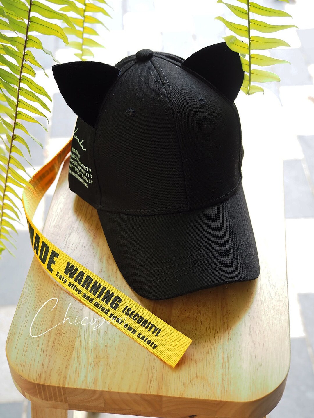Black Cap With Black Cat Ears and Yellow Long Strap Kawaii Cap Cosplay ...