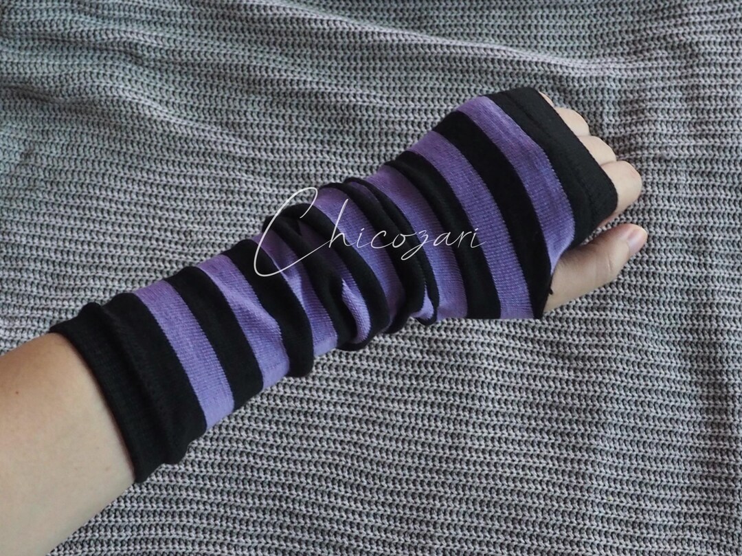 Big Striped Light Purple-black Arm Warmers Fingerless With Thumbhole ...