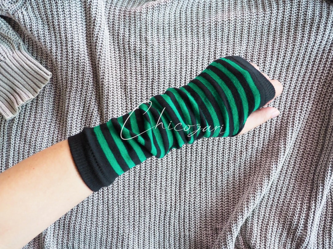 Striped Green Black Arm Warmers Fingerless With Thumbhole Halloween Emo ...