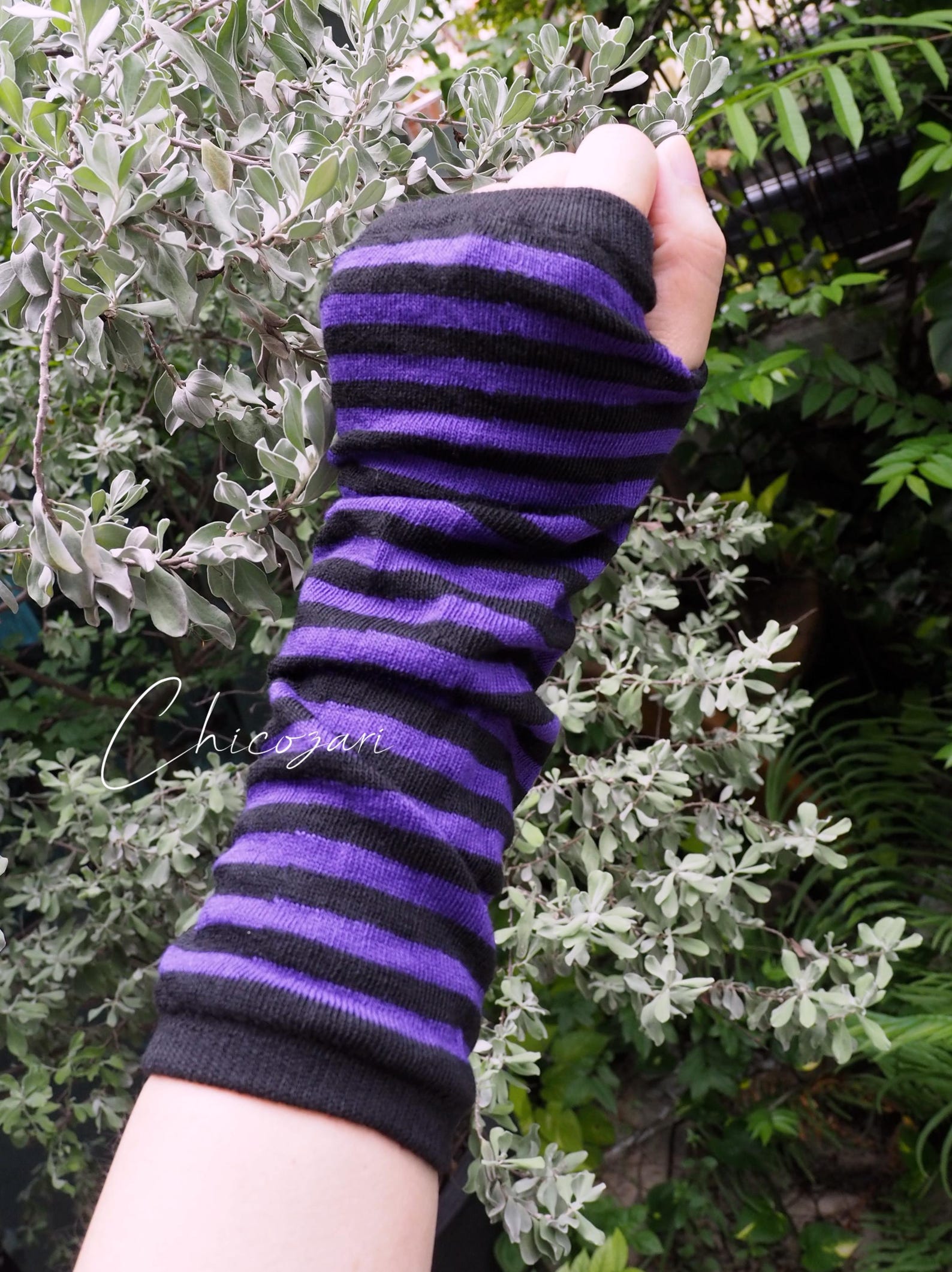 Striped Purple Black Arm Warmers Fingerless With Thumbhole Halloween ...