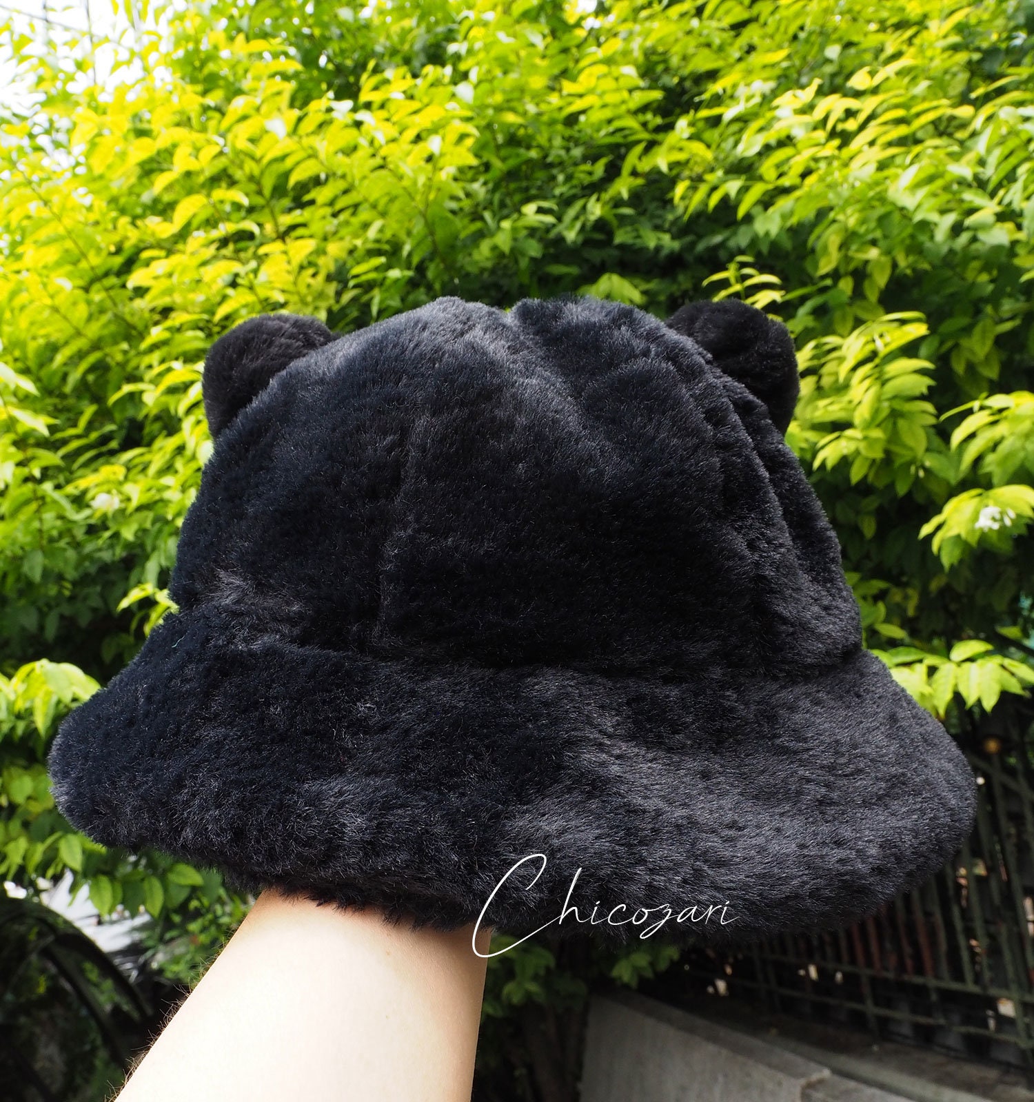 Black fur round Bucket Hat with circle ears removable | Etsy