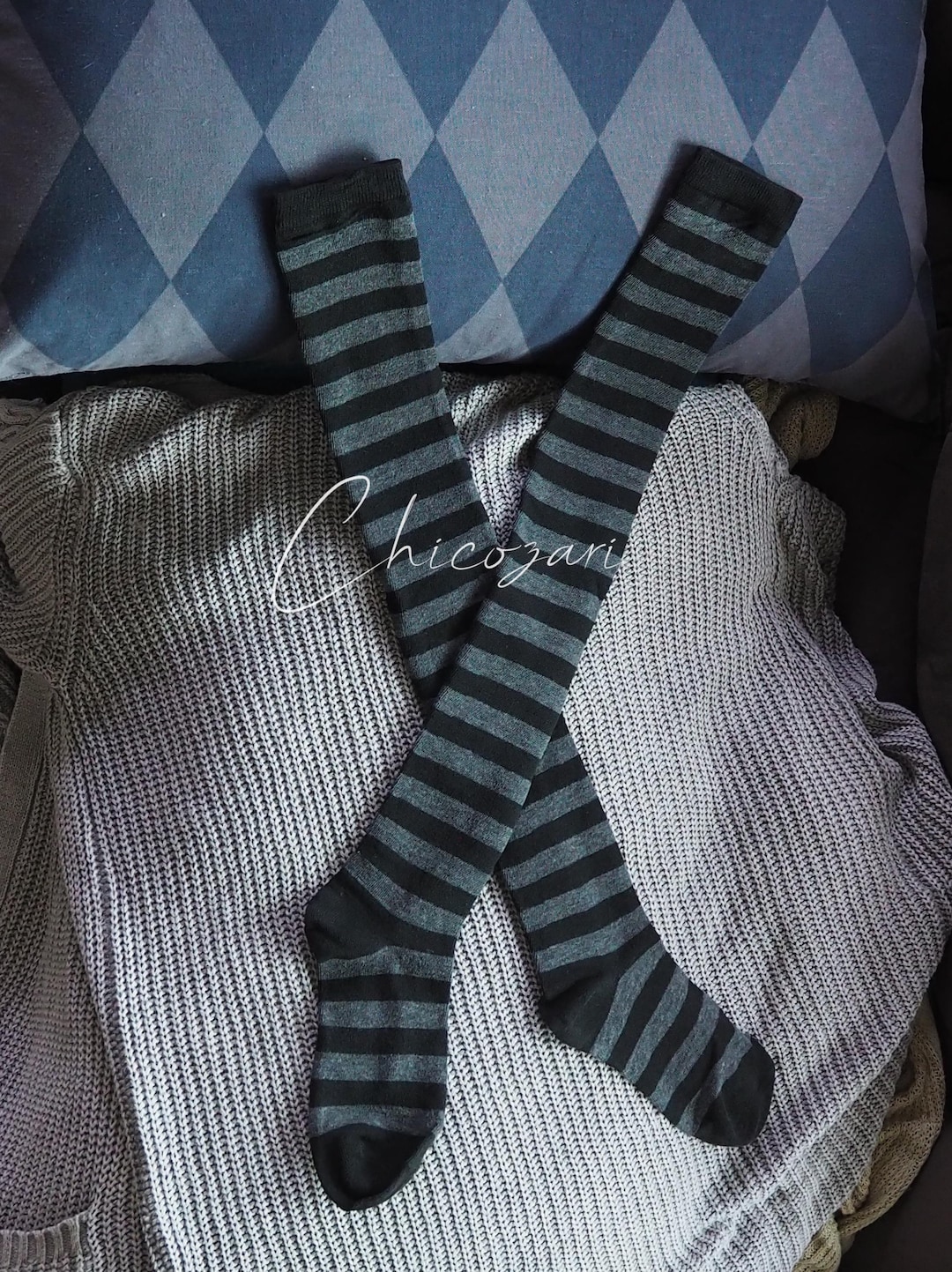 65cm Gray and Black Striped Socks Cotton Over the Knee Socks Halloween ...