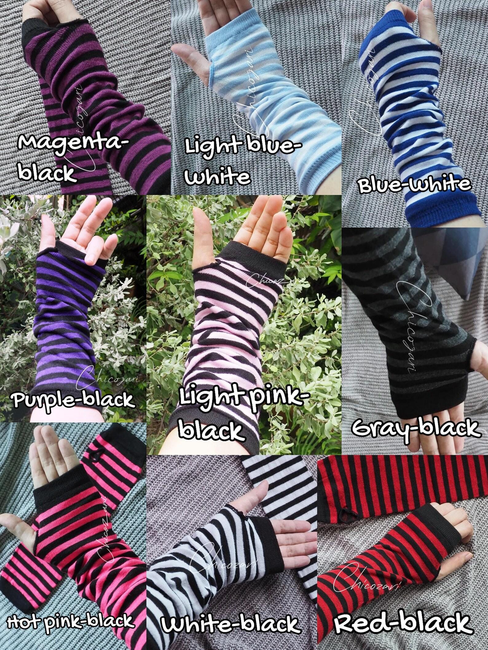 Striped Pink Black Arm Warmers Fingerless With Thumbhole Halloween Emo ...