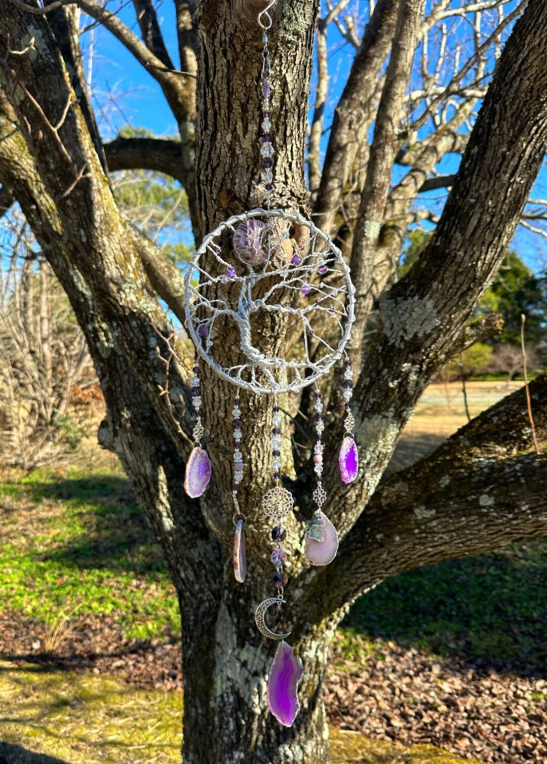 Wire Wrap Tree of Life, Amethyst Crystal, Purple Dream Catcher, Wind ...