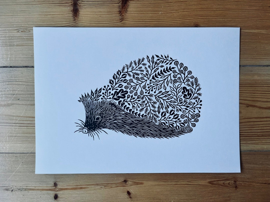 Original botanical Hedgehog Signed Handprinted Linocut Print in Black ...