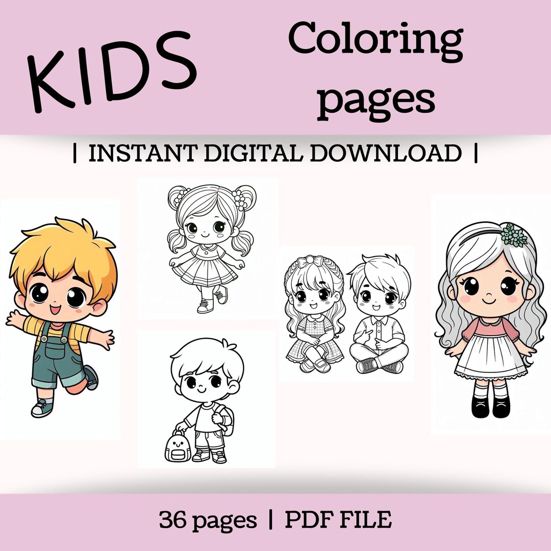 Kids Coloring Pages | 36 Pages | Girl and Boy Characters | Cute and ...