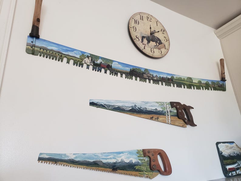 Old Teton Mountain Painted Sawblades, 27-29" Handsaws. 2 Man and ...