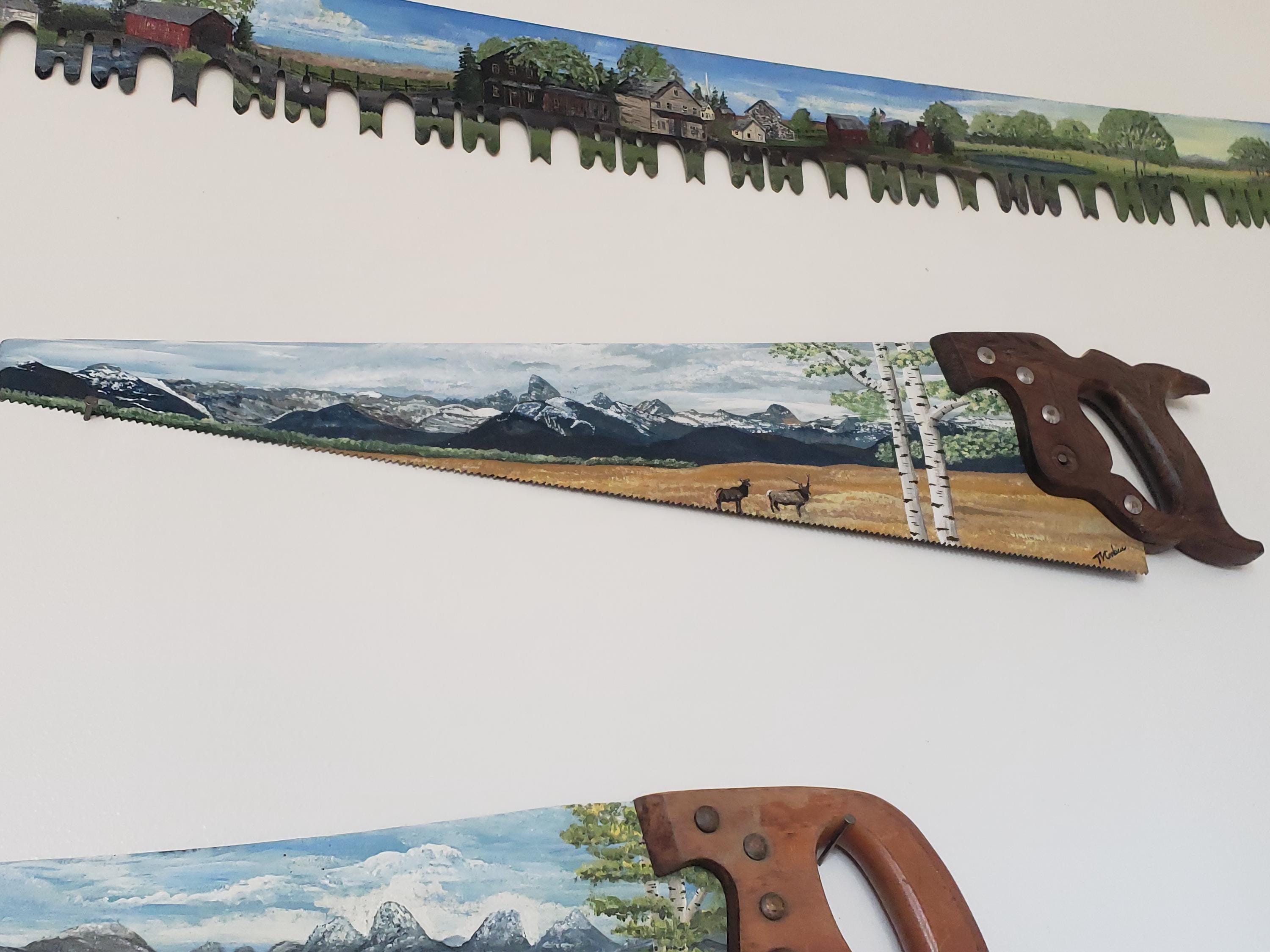 Old Teton Mountain Painted Sawblades, 27-29" Handsaws. 2 Man and ...