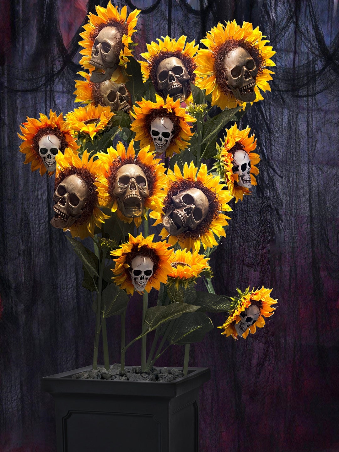 Skull Sunflower Halloween Tall Flower Stalk Spooky Garden Prop Haunted ...