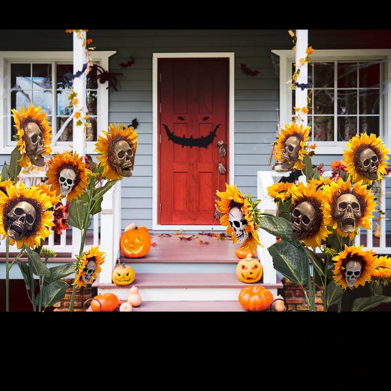 Skull Sunflower Halloween Tall Flower Stalk Spooky Garden Prop Haunted ...