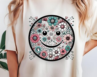 Retro Floral Smiley Face PNG / Vintage Happy Face Png / Aesthetic Shirt ...