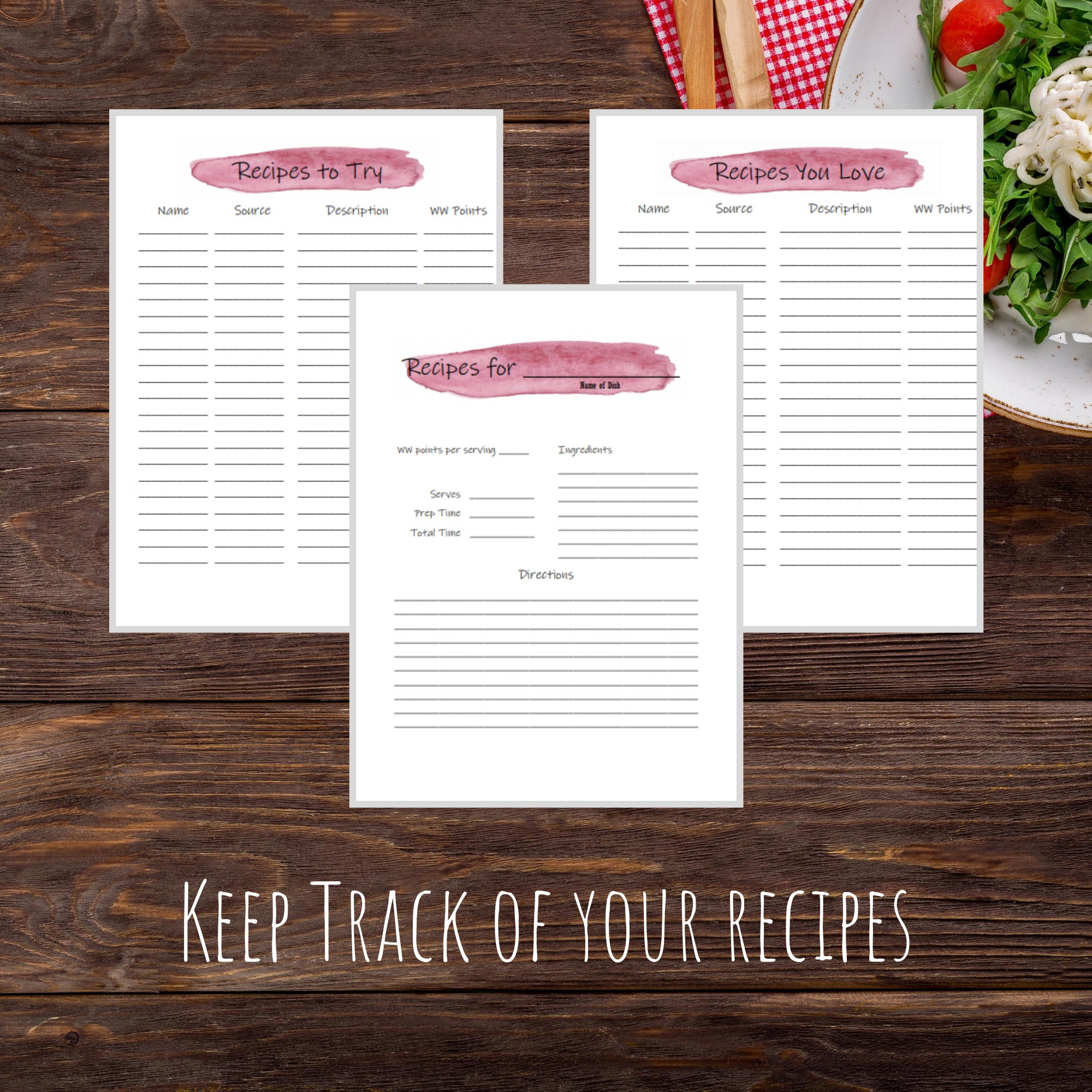 Pink Watercolor Meal Planner, Weight Watchers Planner, Recipe Tracker ...