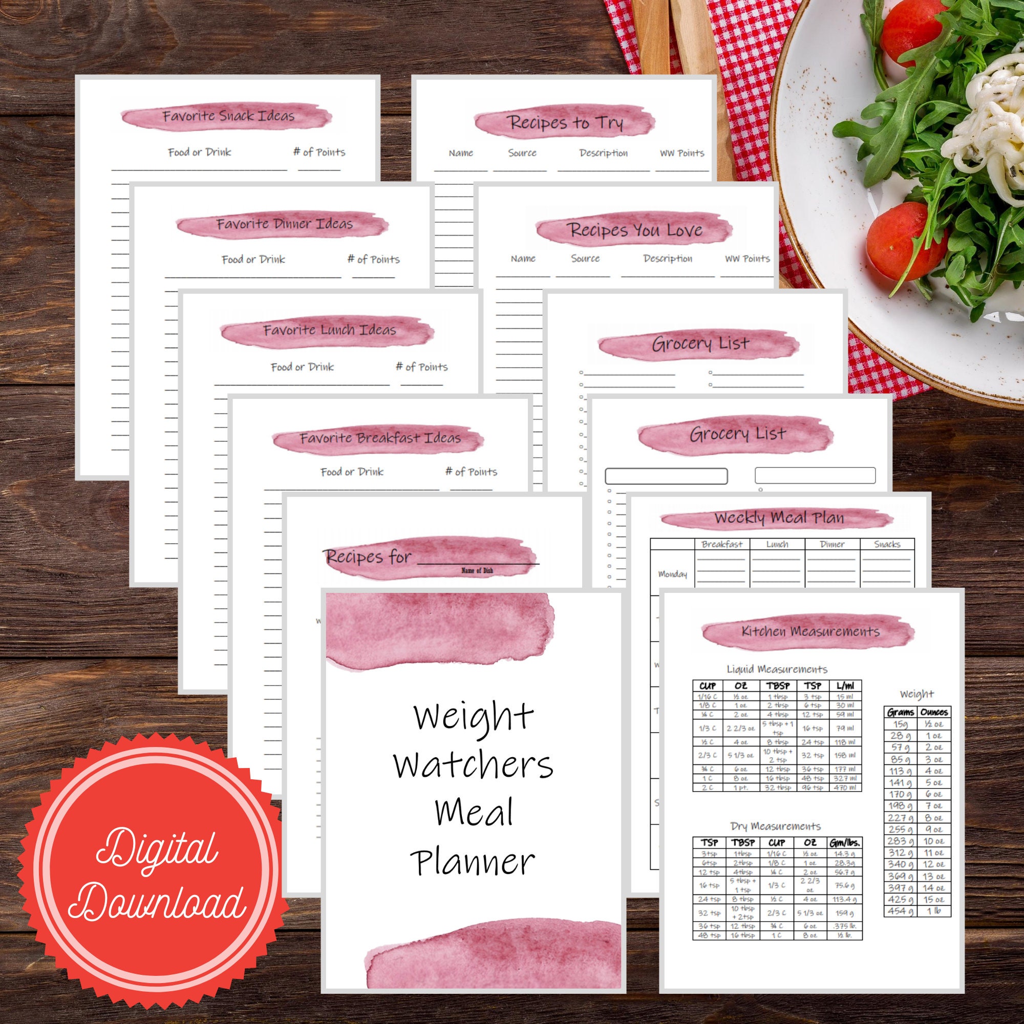 Pink Watercolor Meal Planner, Weight Watchers Planner, Recipe Tracker ...