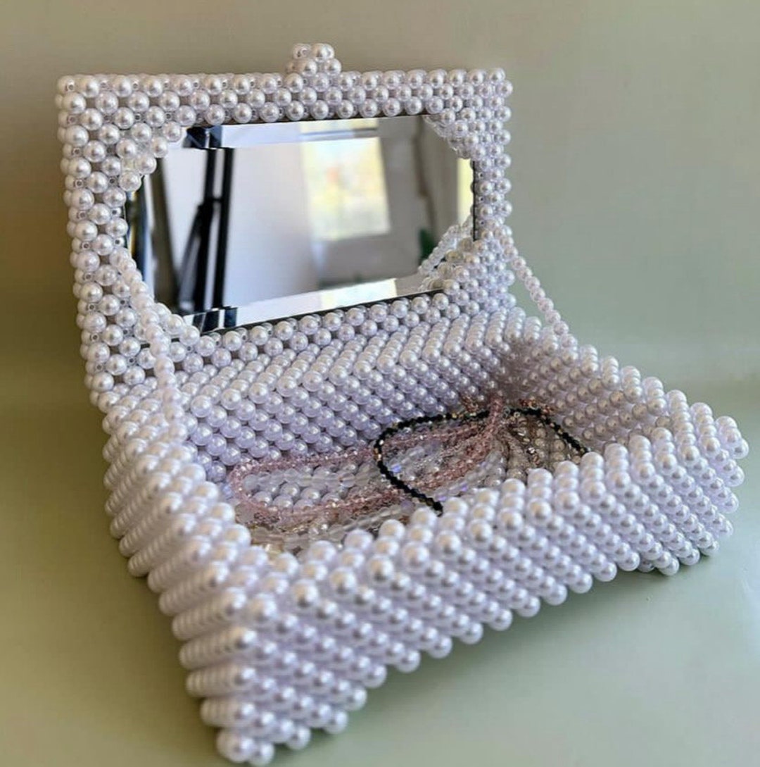 Pearl Beaded Jewelry Box With Mirror, Vintage Pearl Beaded Jewelry Box ...