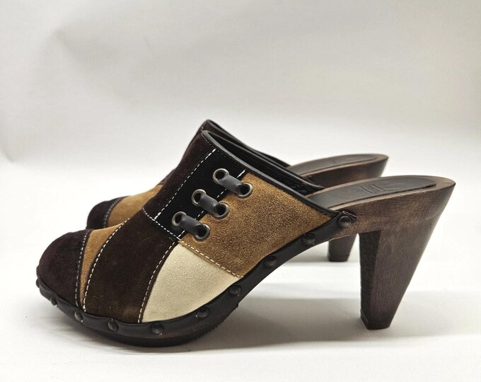 Coach Fallon Clog 7 Brown Leather Patchwork Mule Heels Boho Retro 70s ...