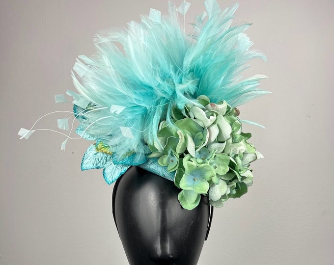 Aqua and Teal Fascinator With Hydrangeas and Rooster Feathers elizabeth ...