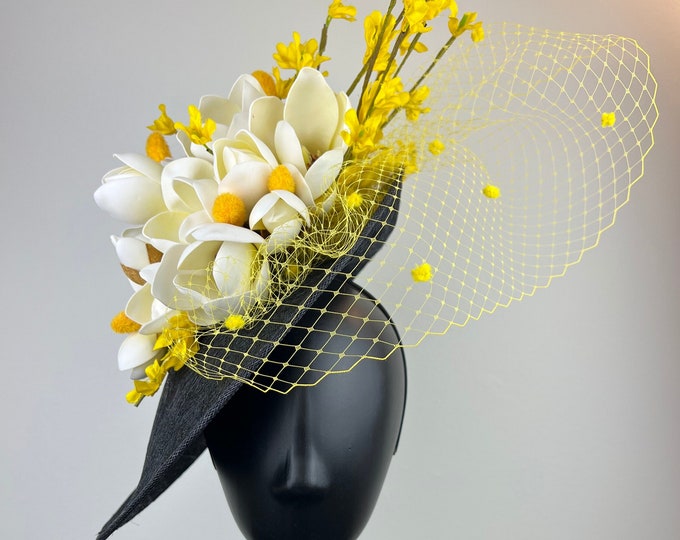 Black Fascinator With Yellow Netting and White Magnolias “aure” - Etsy