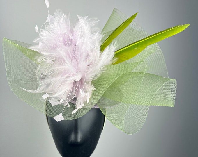 Green Crinoline and Lilac Feather Fascinator "devin" - Etsy