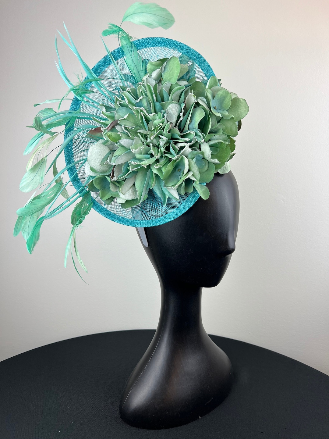 Aqua and Teal Fascinator With Hydrangeas and Rooster Feathers "loreen ...