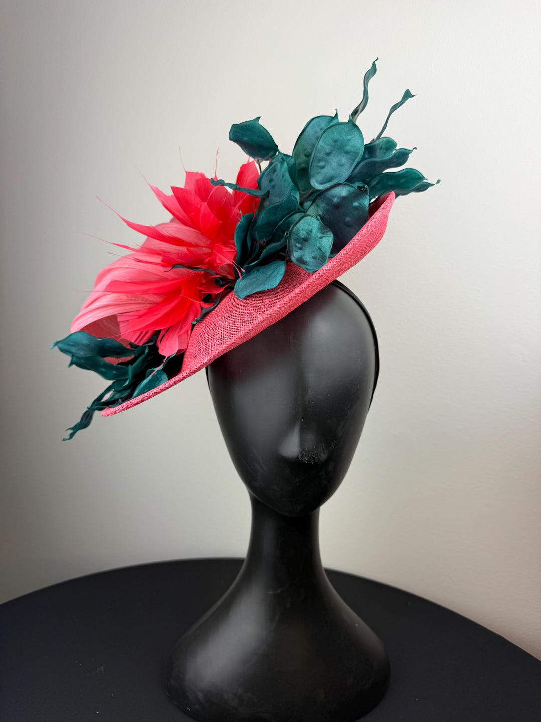 Coral Fascinator With Silk and Peacock Blue Eucalyptus Stems 