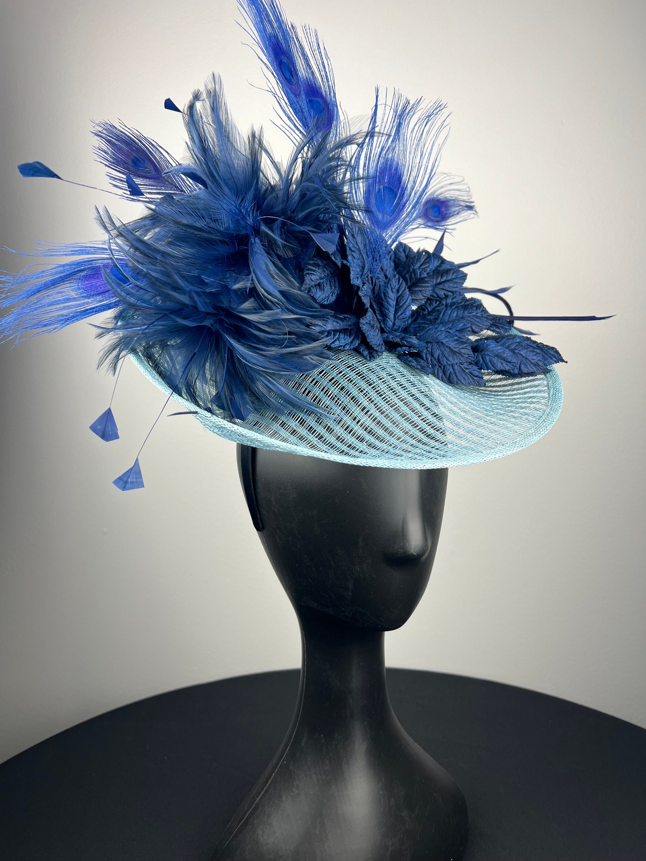 Pale Blue Fascinator With Navy Feathers and Velvet Leaves 