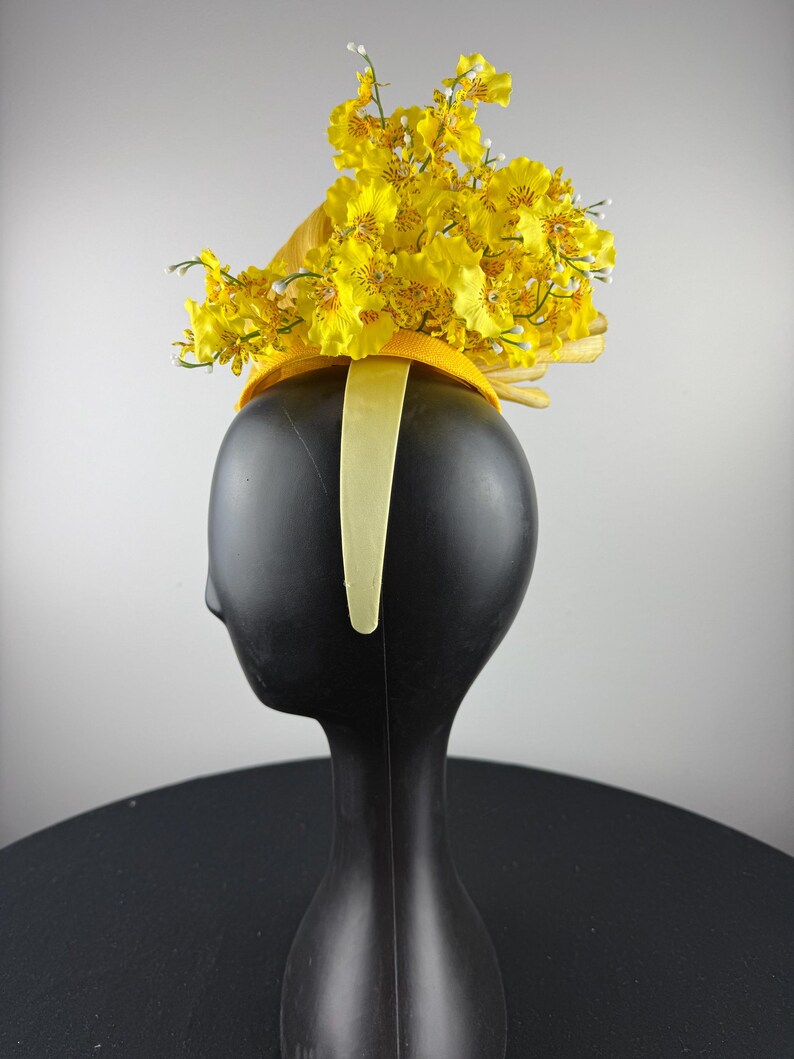 Yellow Fascinator With Yellow Silk and Orchids 