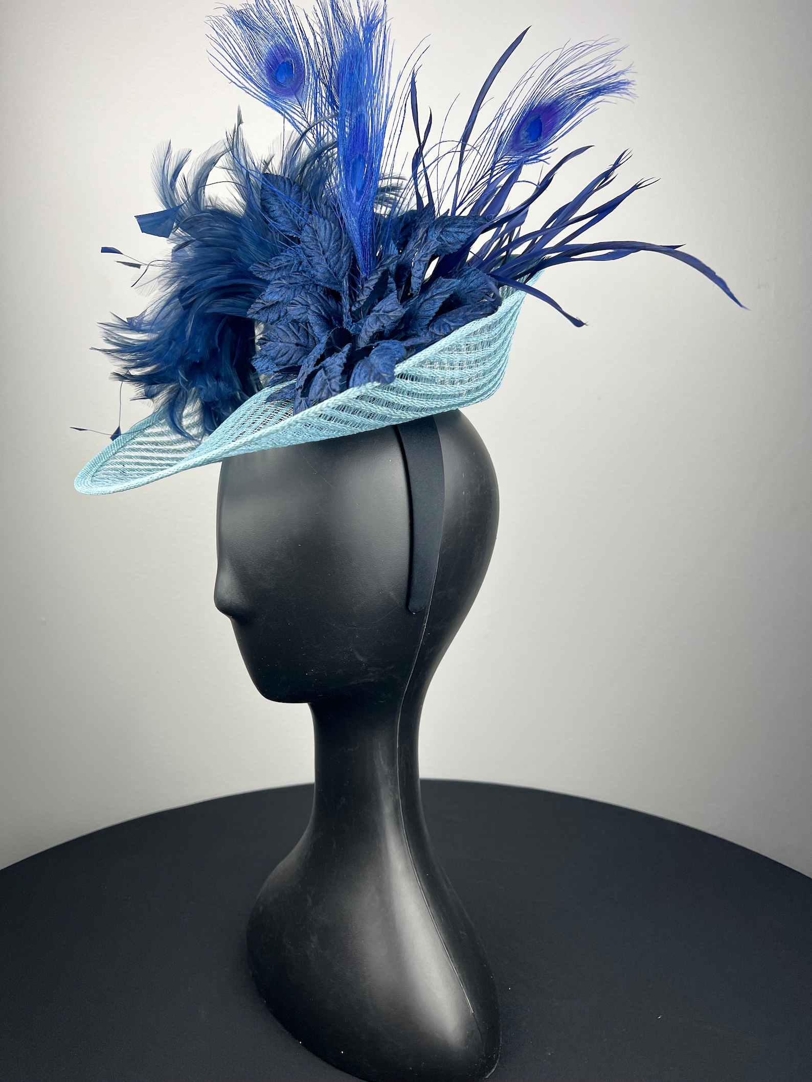 Pale Blue Fascinator With Navy Feathers and Velvet Leaves "river" - Etsy