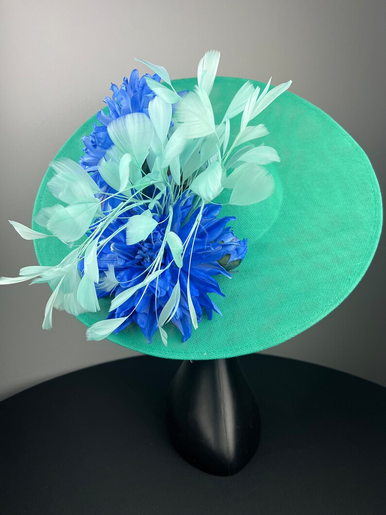 Aqua Fascinator With Periwinkle Dahlias and Aqua Feathers "darby" - Etsy