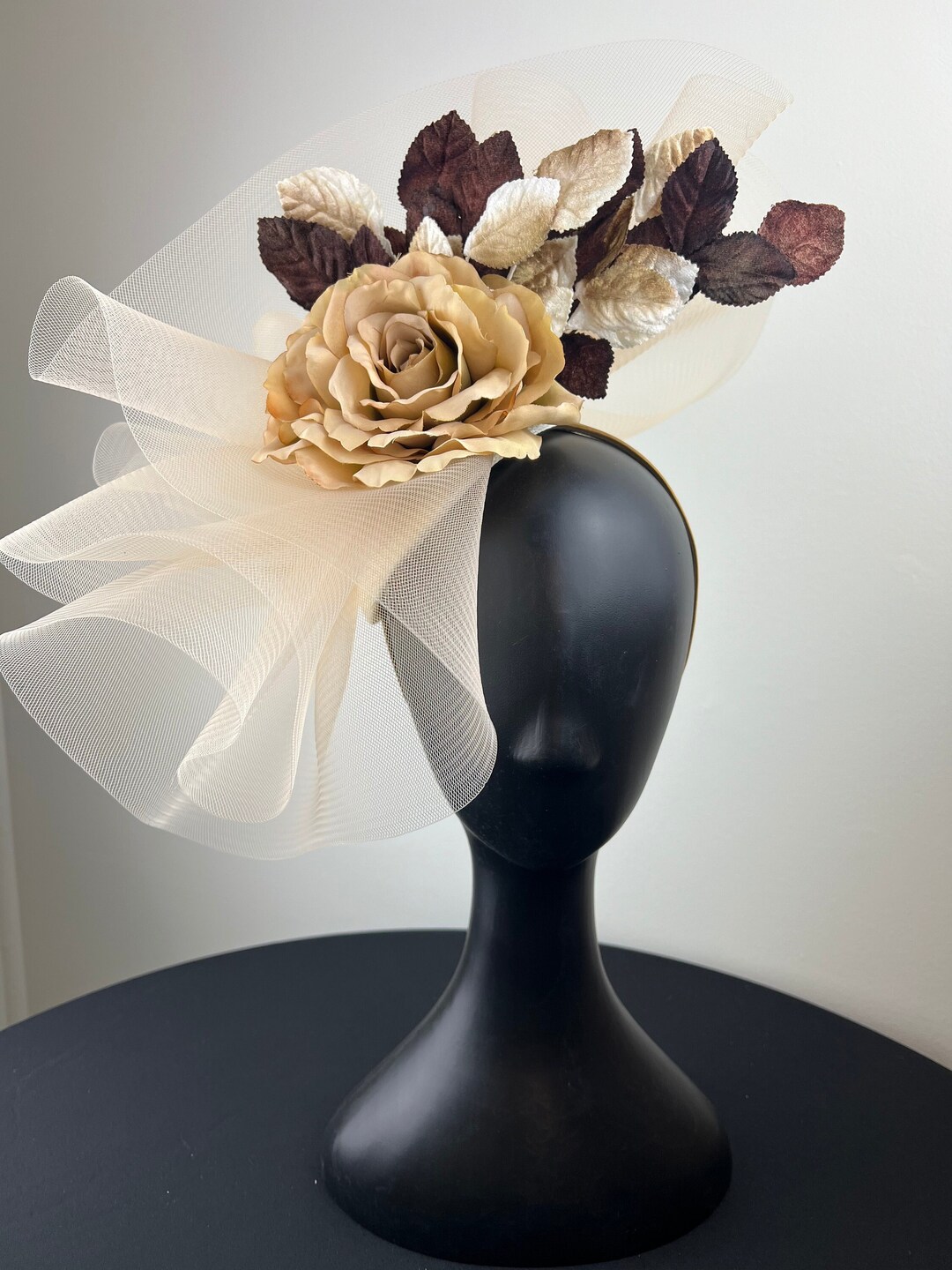 Beige Crinoline Fascinator With Tan Rose and Brown Velvet Leaves ...