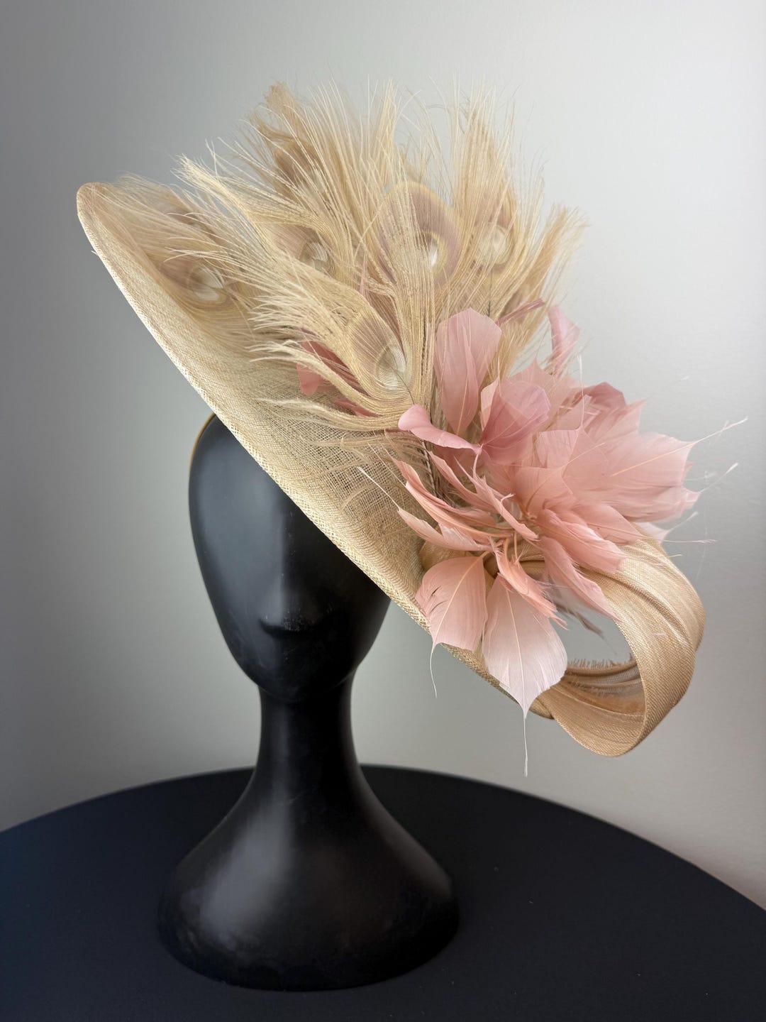 Beige Fascinator With Natural Silk, Blush Feathers and Peacock Eyes ...