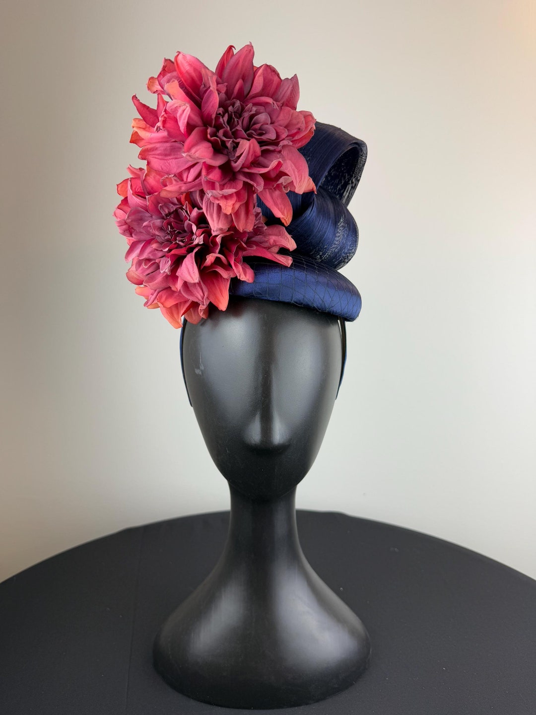 Navy Fascinator With Navy Silk and Pink Flowers "merry" - Etsy