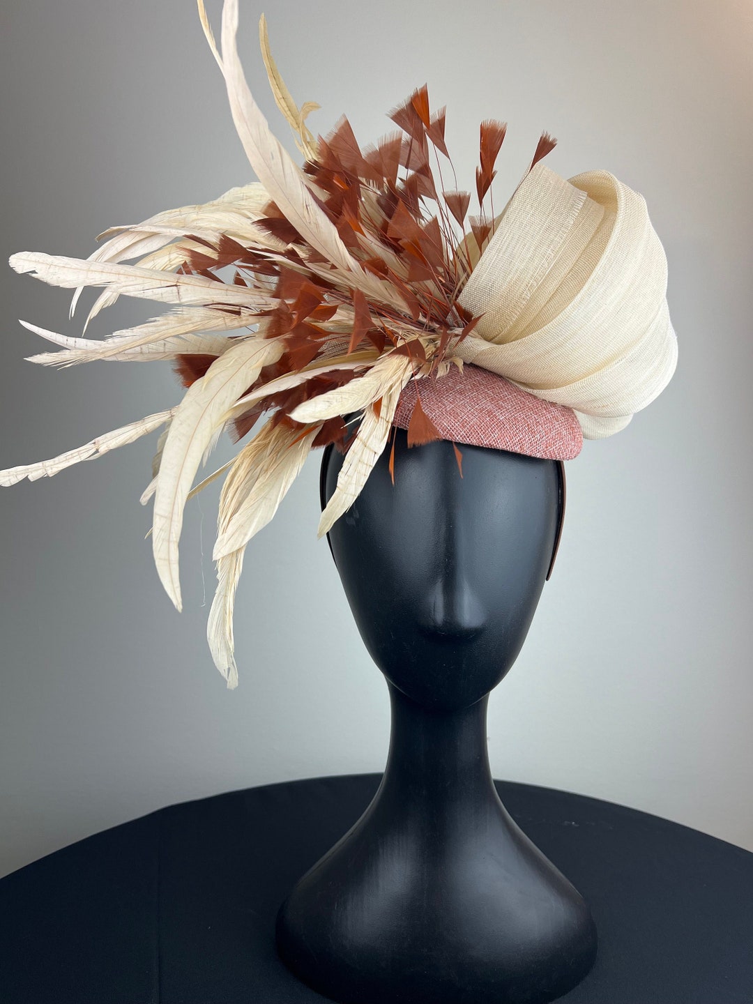 Tan Fascinator With Ivory Silk and Ivory and Brown Feathers deirdre - Etsy