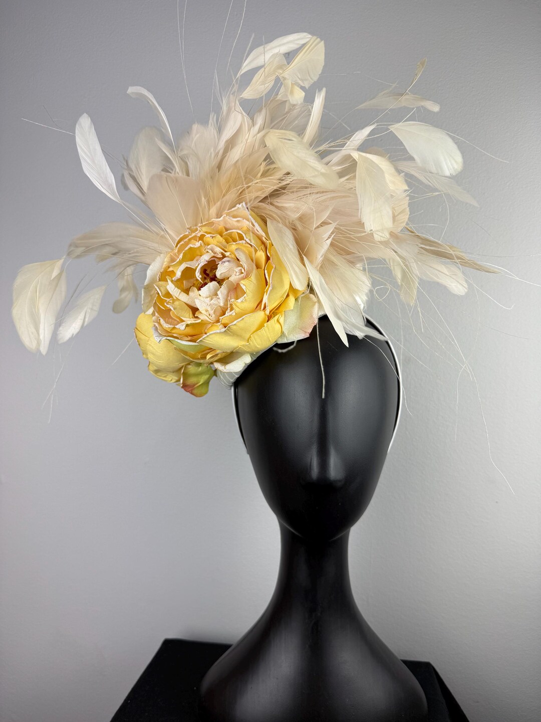 Ivory Fascinator With Pale Yellow Peonies and Feathers 