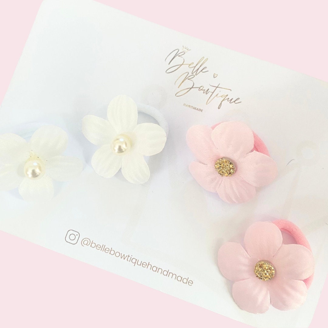White Flower Hair Bobbles Hair Ties Pigtail Elastics Piggy Bows Pair of ...