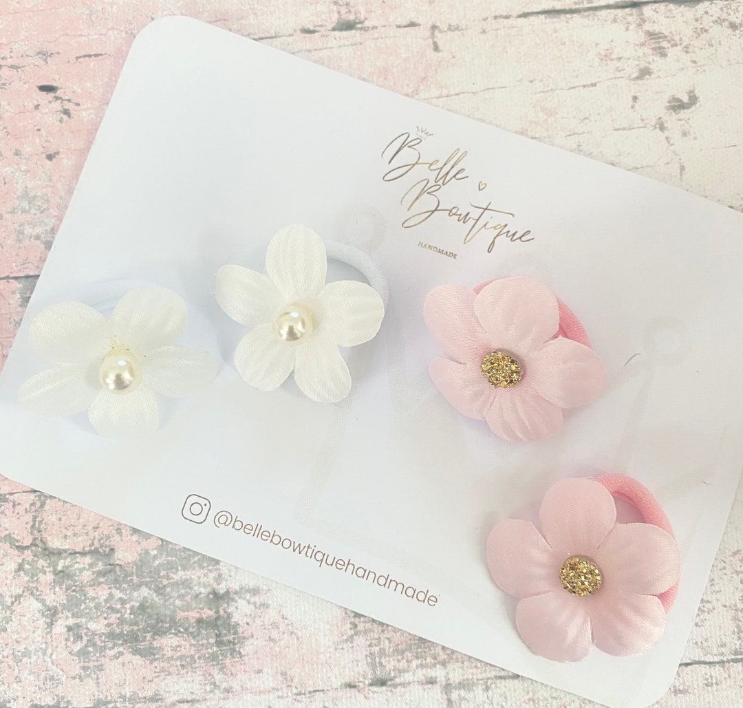 White Flower Hair Bobbles Hair Ties Pigtail Elastics Piggy Bows Pair of ...