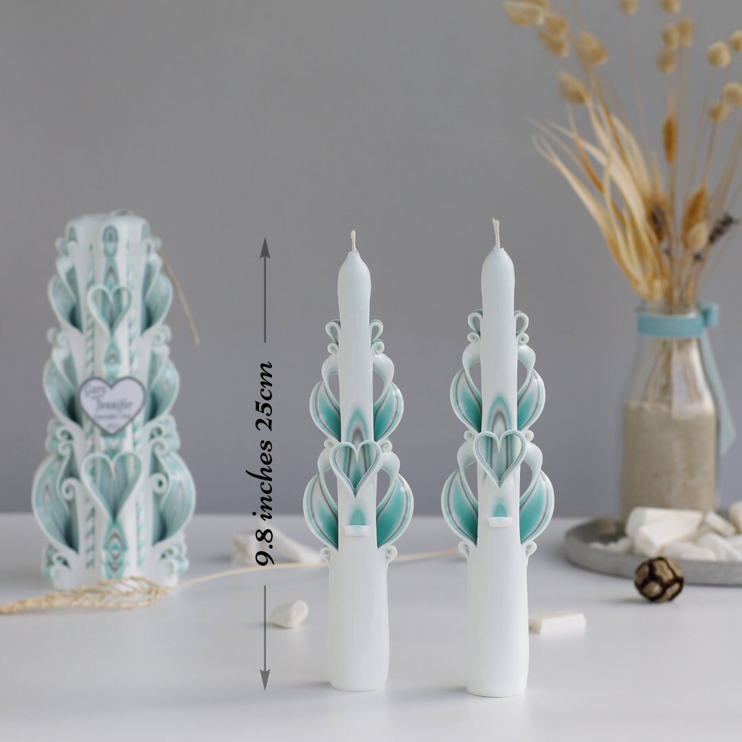 Unique Carved Candles Wedding Unity Set - Light Blue Gray Accent for a ...