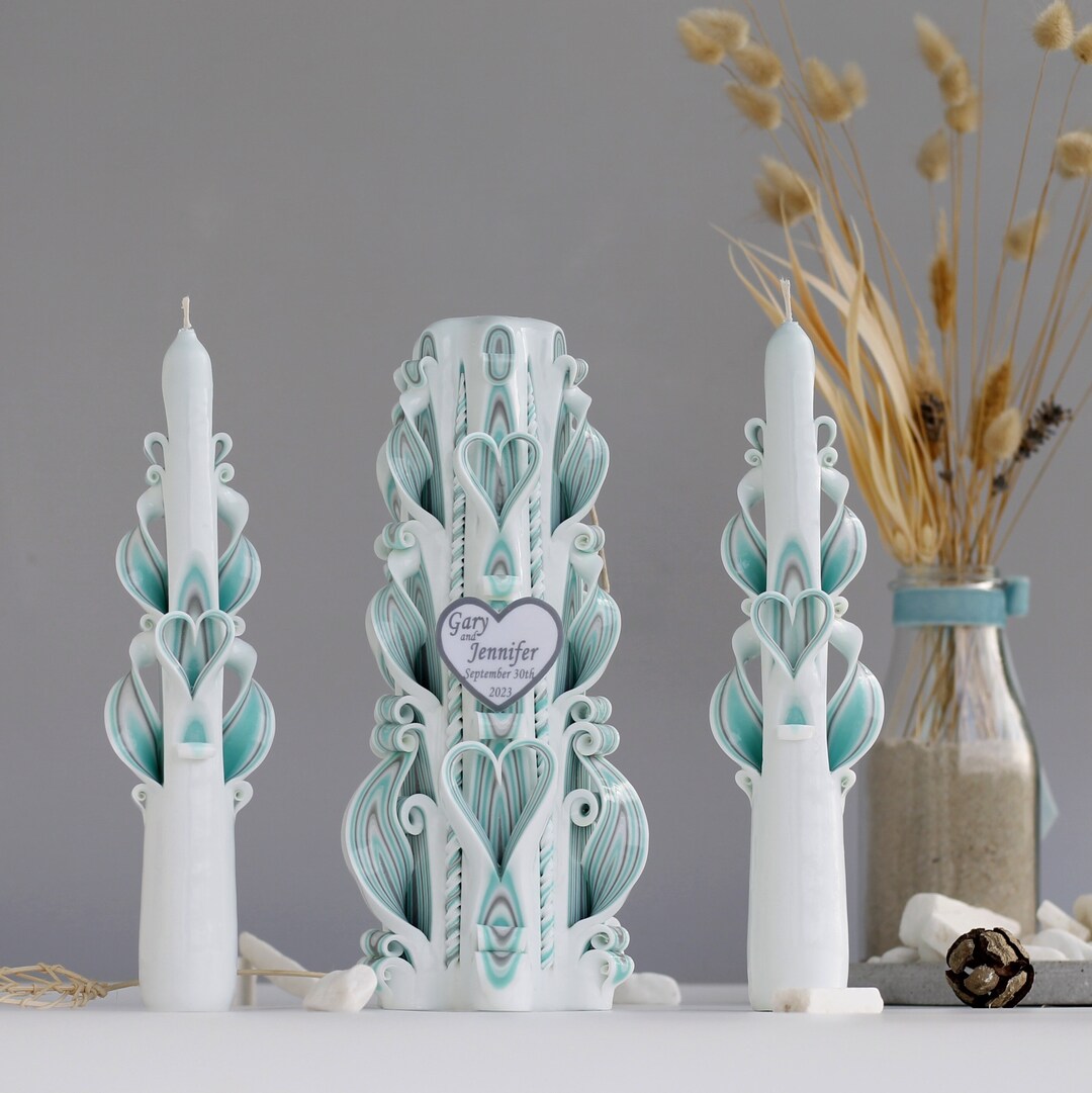 Unique Carved Candles Wedding Unity Set - Light Blue Gray Accent for a ...