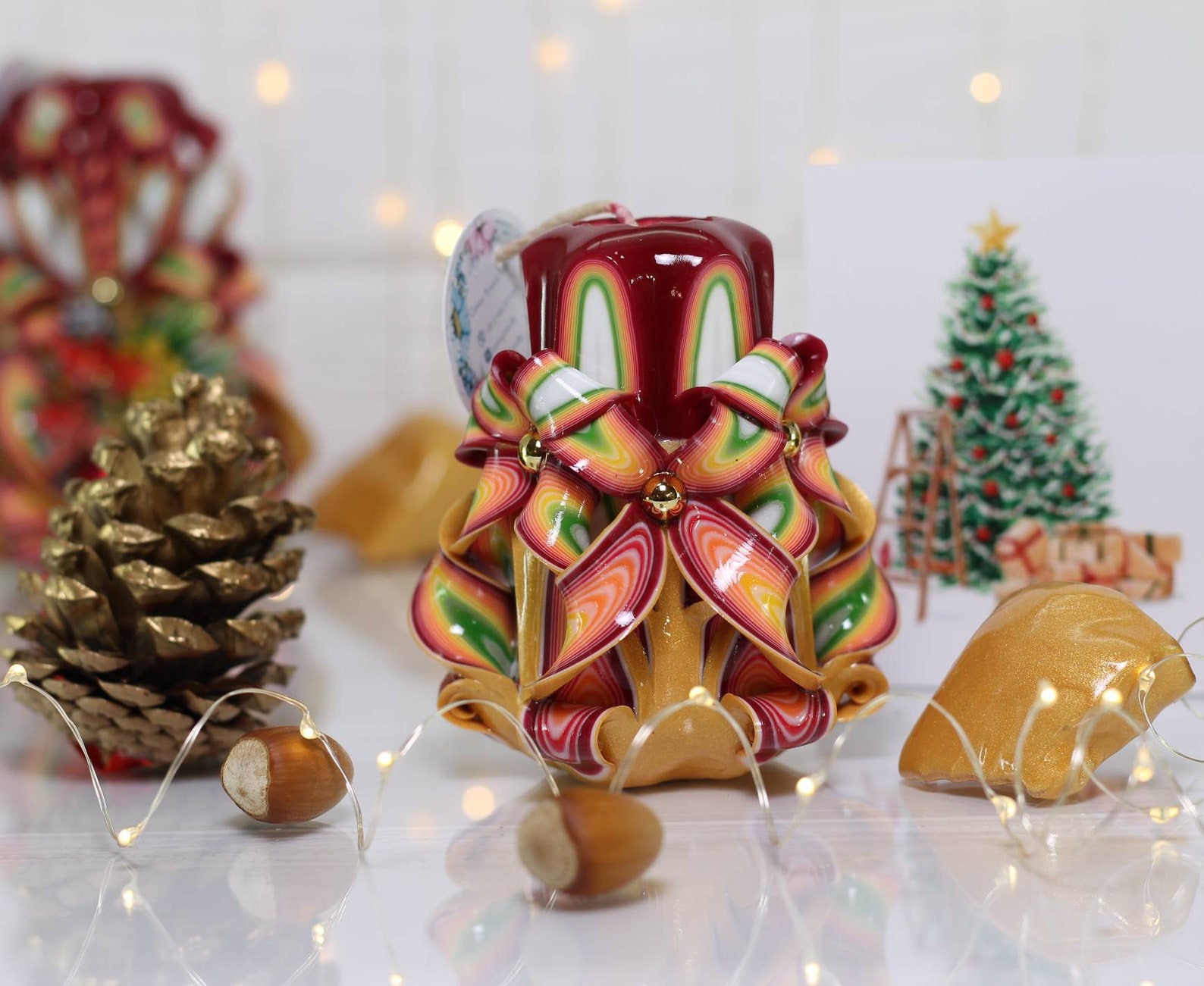 Gold & Burgundy Christmas Candle: Handcrafted Holiday Decor - Etsy