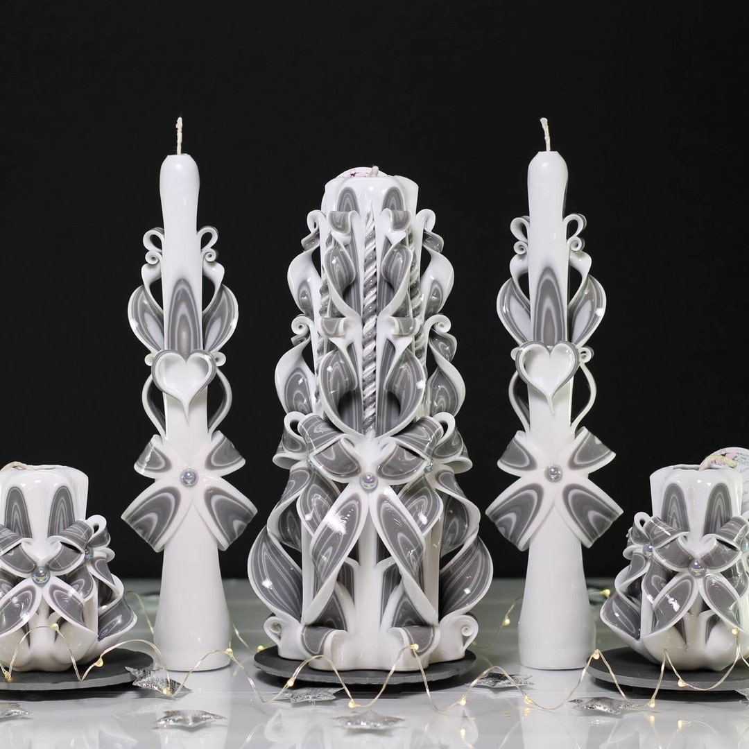 Hand-carved Gray Wedding Unity Candle Set - Personalized and Exquisite ...