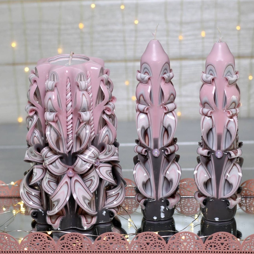 Elegant Hand-carved Pink Unity Candle Set - Ideal for Weddings and ...