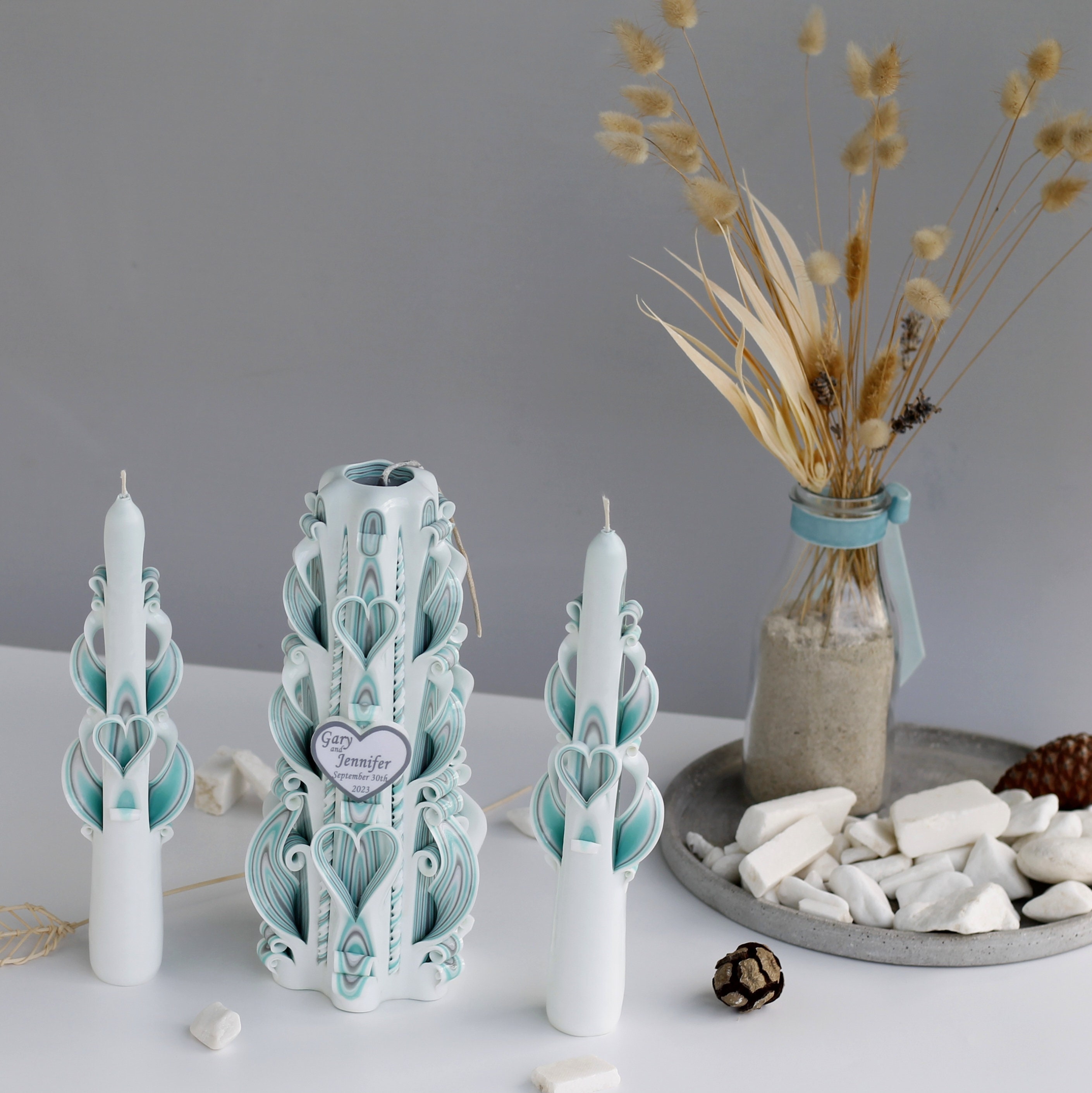 Unique Carved Candles Wedding Unity Set - Light Blue Gray Accent for a ...